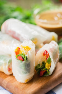 Mango Spring Rolls with Almond Butter Sauce By OhMyVeggies.com