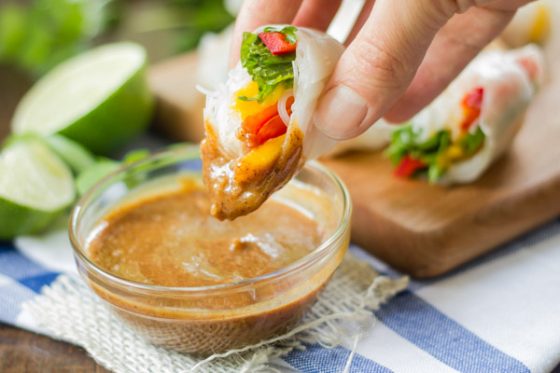 Mango Spring Rolls with Almond Butter Sauce By OhMyVeggies.com