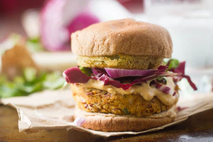 Cajun Red Bean Burger with Fried Green Tomatoes By OhMyVeggies.com
