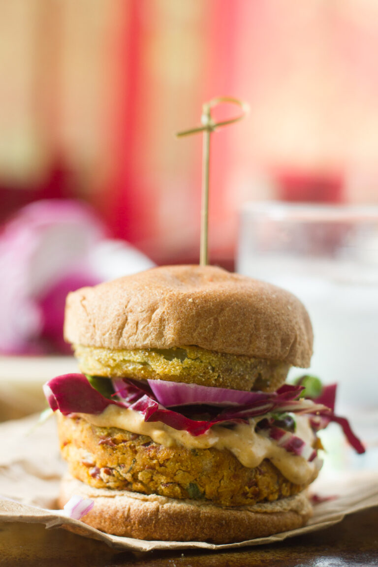 Cajun Red Bean Burger with Fried Green Tomatoes By OhMyVeggies.com
